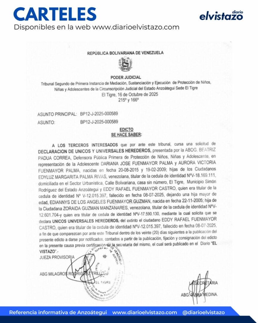 Edicto del Tribunal Segundo de Protección de Niños, Niñas y ...