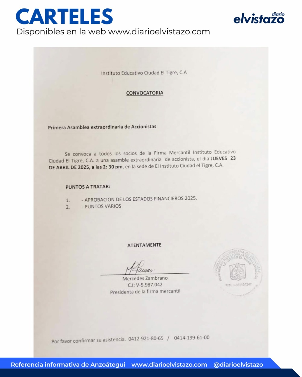 Instituto Educativo El Tigre C.A. convoca Asamblea Extraordinaria de ...